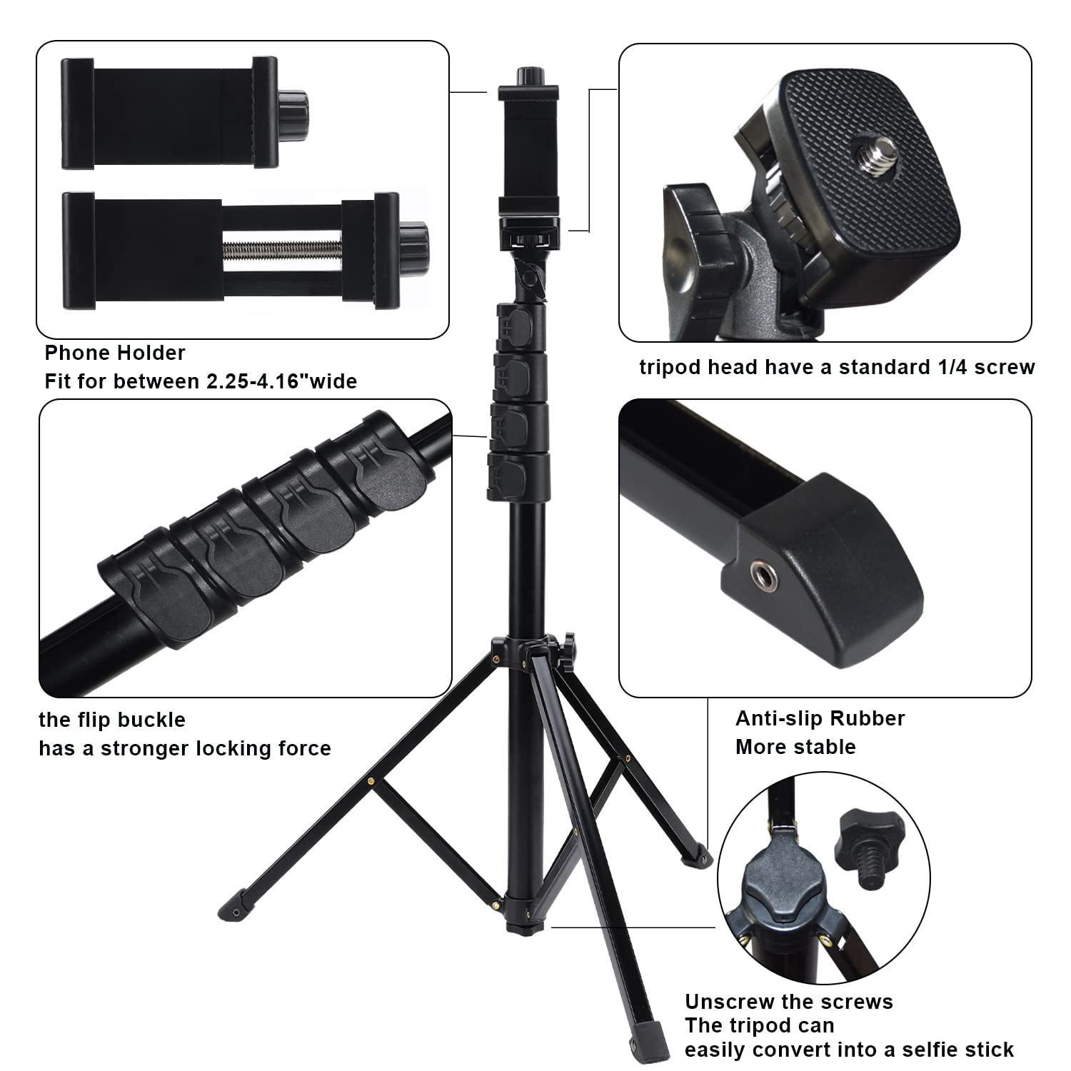 60" Selfie Tripod for iPhone with Remote Shutter Phone Holder Compatible with iPhone Android for Selfie/Video Recording/Vlogging/Live Streaming Heavy Duty Aluminum, Lightweight Tripod Black