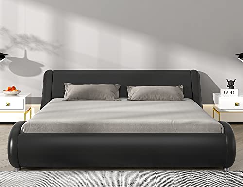 SHA CERLIN Full Size Bed Frame Luxury Wave-Like Modern Upholstered Low Profile Platform Bed, Faux Leather Sleigh Bed with Adjustable Headboard, No Box Spring Needed, Black