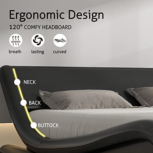 SHA CERLIN Full Size Bed Frame Luxury Wave-Like Modern Upholstered Low Profile Platform Bed, Faux Leather Sleigh Bed with Adjustable Headboard, No Box Spring Needed, Black