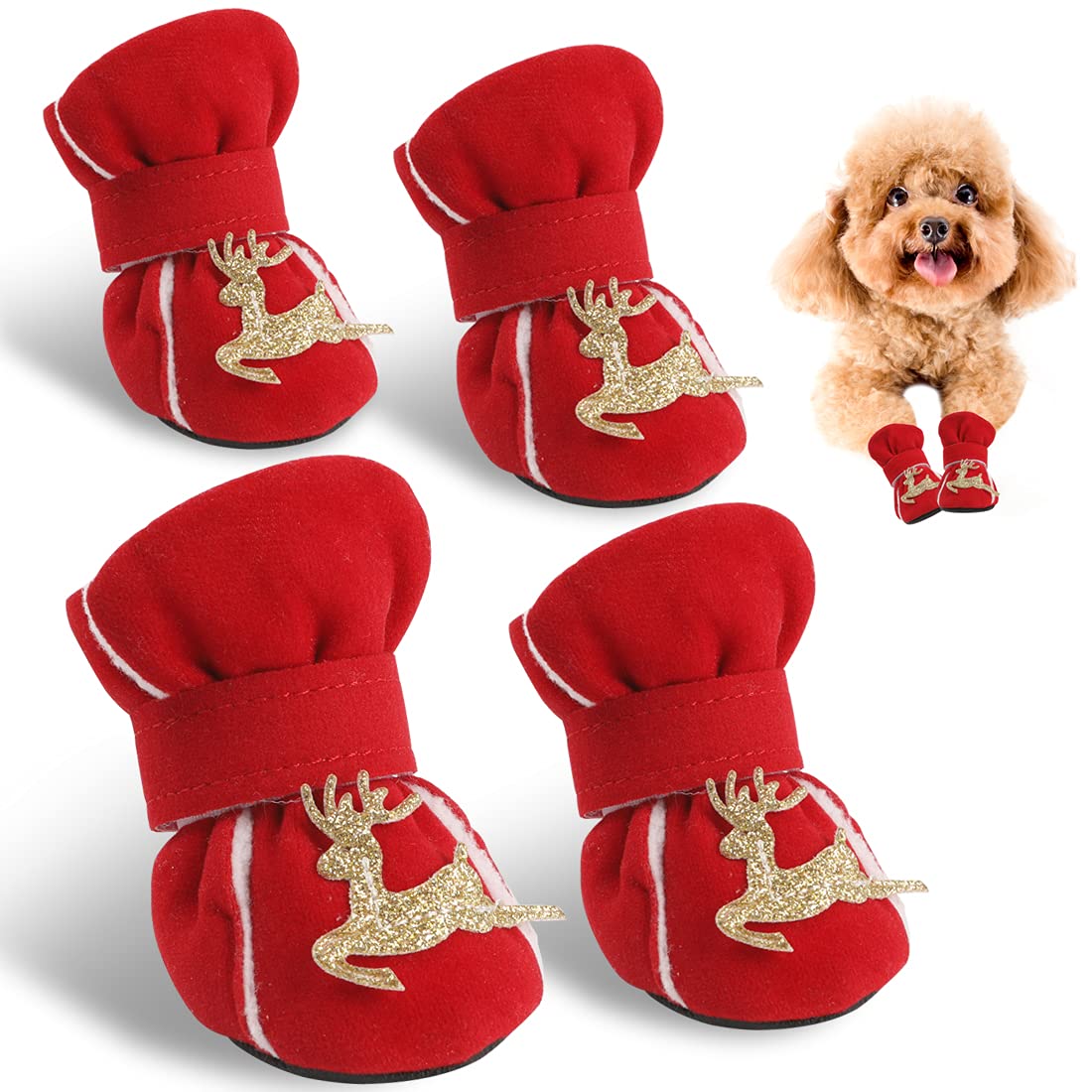 Kroiuain 2 Pairs Santa Red Detachable Closure Christmas Puppy Cute Dog Winter Shoes Boots (L)