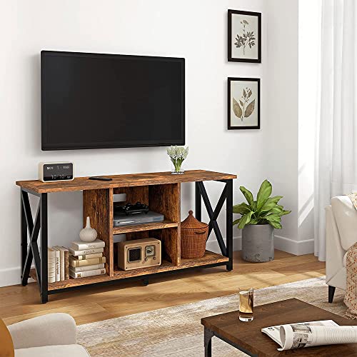 FABATO Wood 55 Inch TV Stand and Entertainment Center with 4 Socket Plug-in Station, 3-Height Adjustable Shelf, and Wire Threading Holes