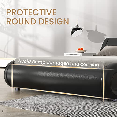 SHA CERLIN Full Size Bed Frame Luxury Wave-Like Modern Upholstered Low Profile Platform Bed, Faux Leather Sleigh Bed with Adjustable Headboard, No Box Spring Needed, Black