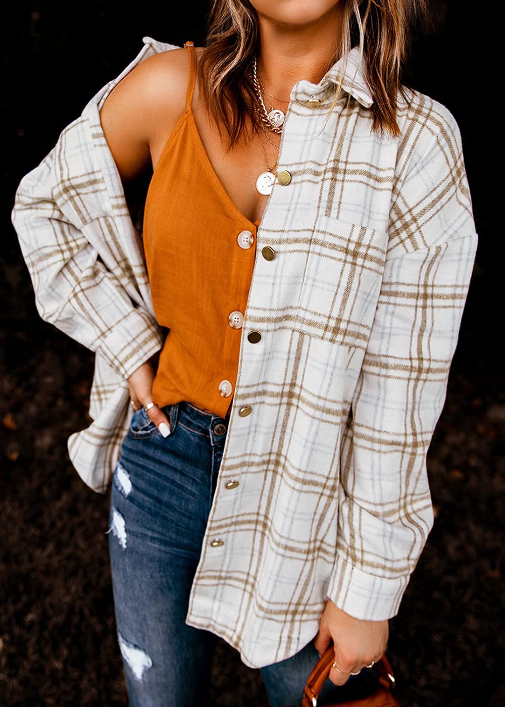 PRETTYGARDEN Women's Fall Clothes Plaid Shacket Jacket Trendy Casual Long Sleeve Button Down Flannel Shirts Fashion Blouse(Plaid Khaki,Medium)