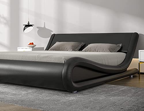 SHA CERLIN Full Size Bed Frame Luxury Wave-Like Modern Upholstered Low Profile Platform Bed, Faux Leather Sleigh Bed with Adjustable Headboard, No Box Spring Needed, Black