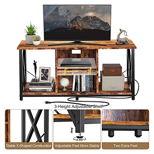 FABATO Wood 55 Inch TV Stand and Entertainment Center with 4 Socket Plug-in Station, 3-Height Adjustable Shelf, and Wire Threading Holes
