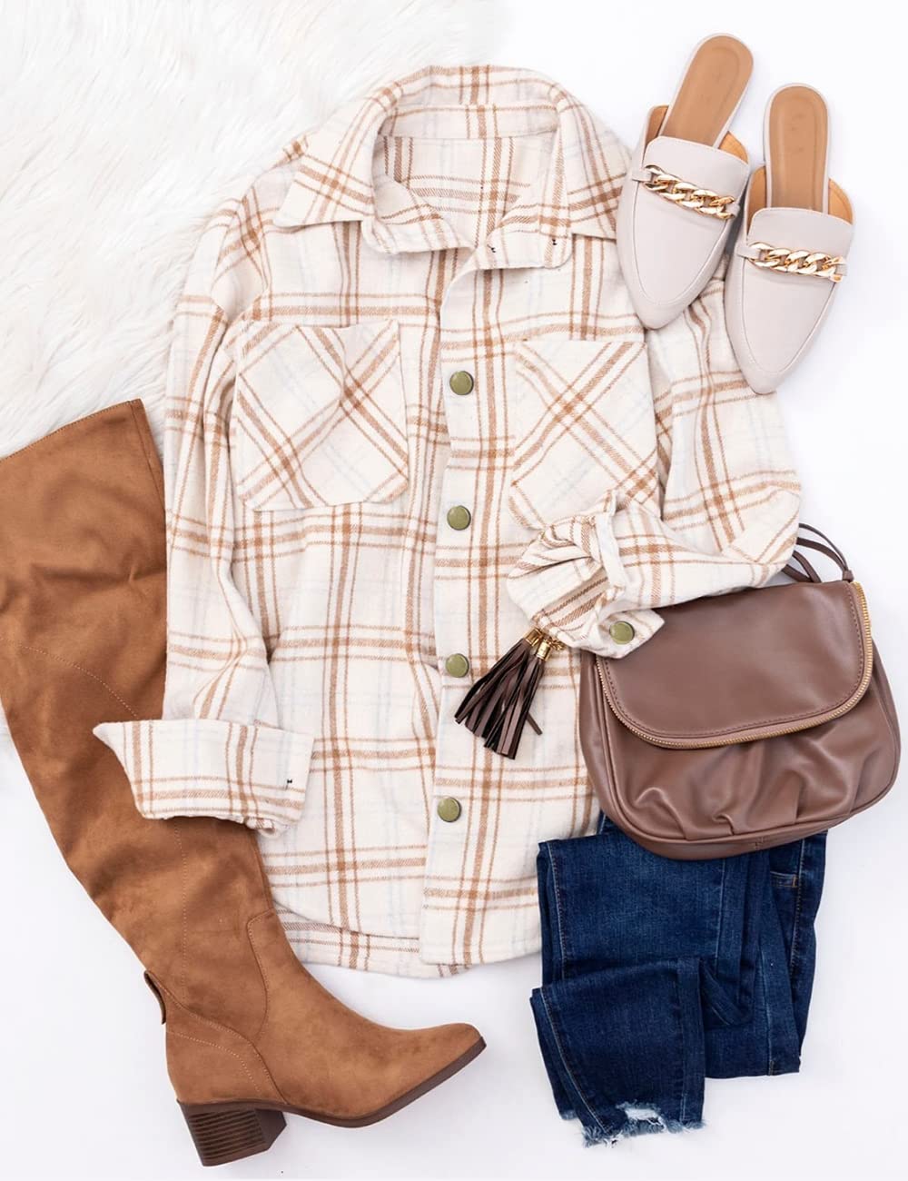 PRETTYGARDEN Women's Fall Clothes Plaid Shacket Jacket Trendy Casual Long Sleeve Button Down Flannel Shirts Fashion Blouse(Plaid Khaki,Medium)