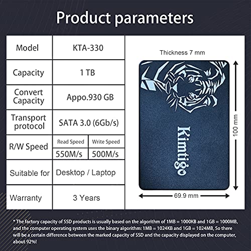 kimtigo 2.5" Internal SSD 1TB, 3D NAND Solid State Drive, SATA III 6Gb/s 2.5 inch 7mm (0.28”), Read up to 550MB/s