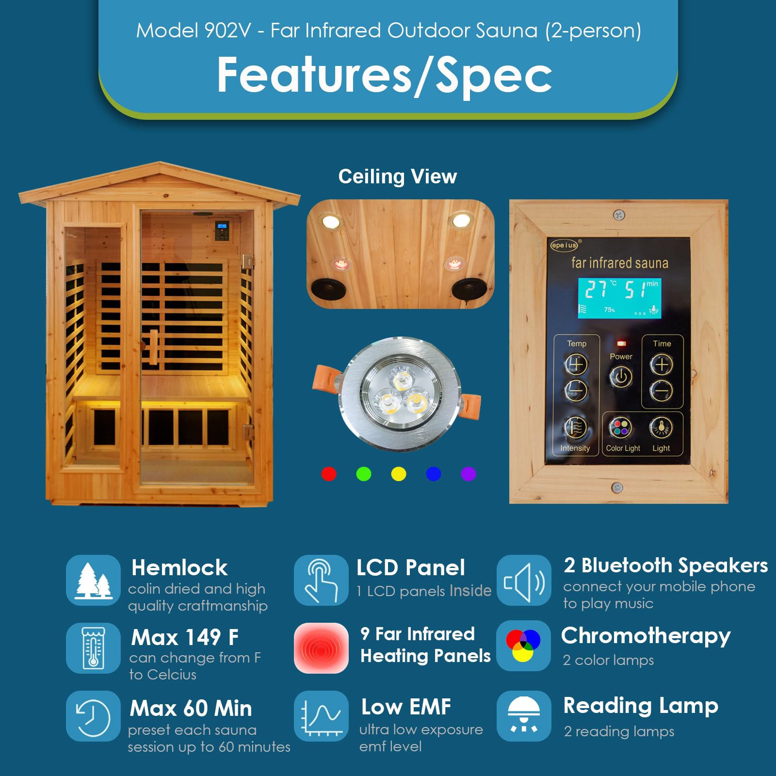 Xmatch Saunas 902V Far Infrared Sauna, Outdoor Wooden Dry Sauna Low EMF (Hemlock Wood, 2-Person Size)