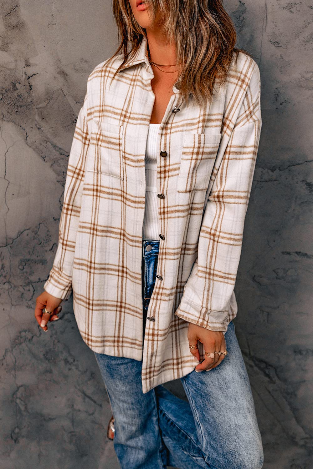 PRETTYGARDEN Women's Fall Clothes Plaid Shacket Jacket Trendy Casual Long Sleeve Button Down Flannel Shirts Fashion Blouse(Plaid Khaki,Medium)