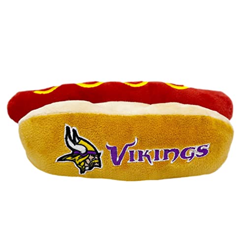 Pets First NFL Minnesota Vikings HOT Dog Plush Dog & CAT Squeak Toy - Cutest HOT-Dog Snack Plush Toy for Dogs & Cats with Inner Squeaker & Beautiful Football Team Name/Logo 8 x 5 x 3 Inches