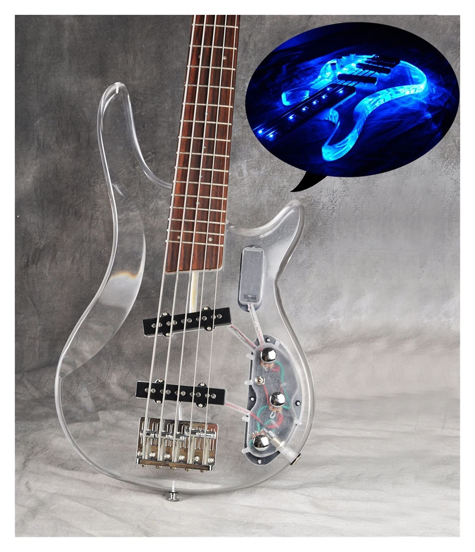 Unfinished Guitar Body Red Sandalwood Fingerboard with LED Lights, Real Shots, Suitable for 2016 New Straight-Through 5-String Acrylic Body Bass Guitar DIY Accessory