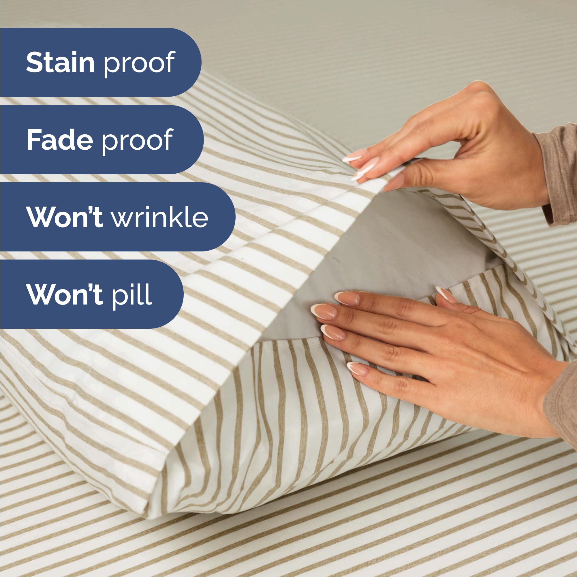 Queen Size 4 Piece Sheet Set - Comfy Breathable & Cooling Bed Sheets Set - Hotel Luxury Bedding for Women, Men, Kids & Teens - Deep Pockets, Easy-Fit, Soft & Wrinkle Free - Oeko-Tex - Beige Stripes