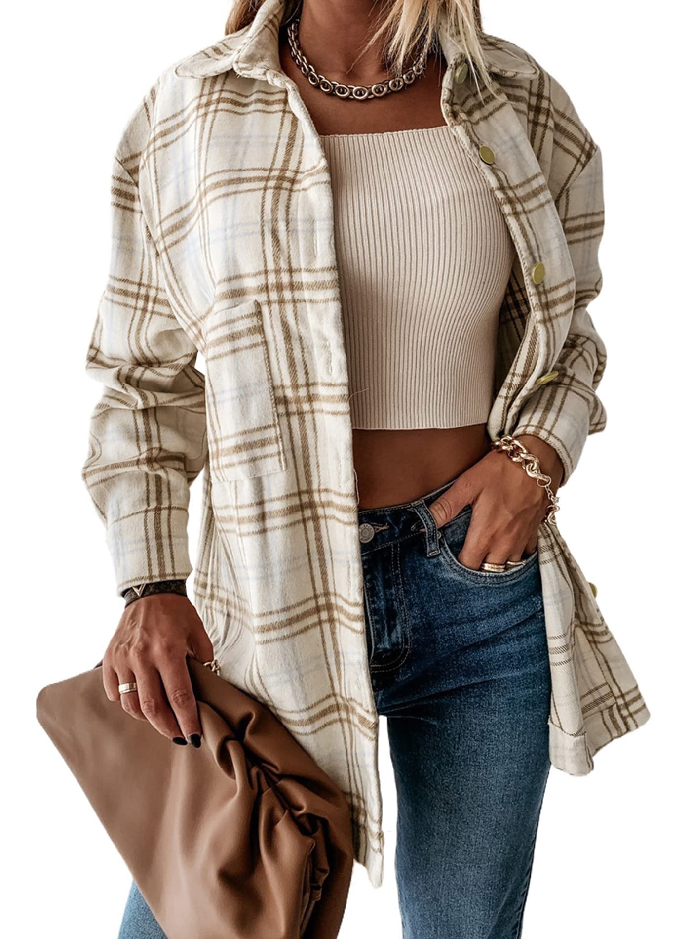 PRETTYGARDEN Women's Fall Clothes Plaid Shacket Jacket Trendy Casual Long Sleeve Button Down Flannel Shirts Fashion Blouse(Plaid Khaki,Medium)