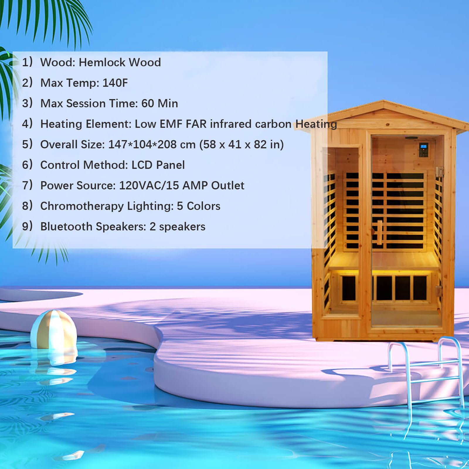 Xmatch Saunas 902V Far Infrared Sauna, Outdoor Wooden Dry Sauna Low EMF (Hemlock Wood, 2-Person Size)