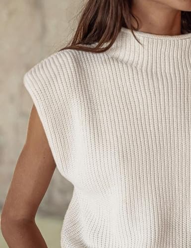 Hooever Women's Turtleneck Sleeveless Knitted Tank Tops Shoulder Pads Sweater Vest(White-S)