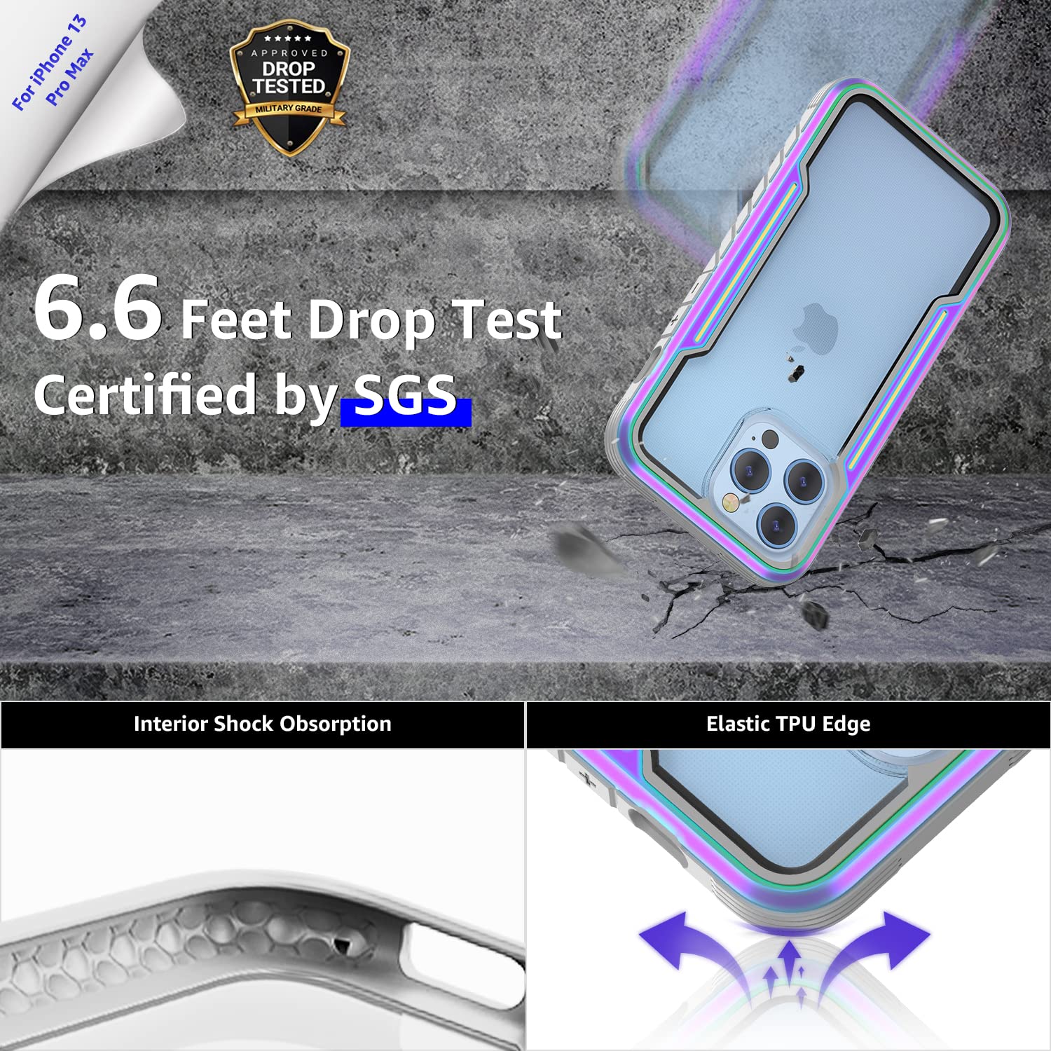 Shockproof Case Compatible with iPhone 13 Pro Max (2021), Soft Silicone Protective Phone Case Clear, Rugged Aluminum Case for Apple iPhone 13 Pro Max Phone 6.7 inch (Iridescent +Gray)