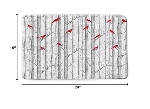 Tree Cardinals Bath Mat Abstract Birch Tree Forest Red Bird on Branches Leafless White Gray Fall Nature Winter Holiday Merry Christmas Bathroom Decor Memory Foam Kitchen Rug,16x24 Inch