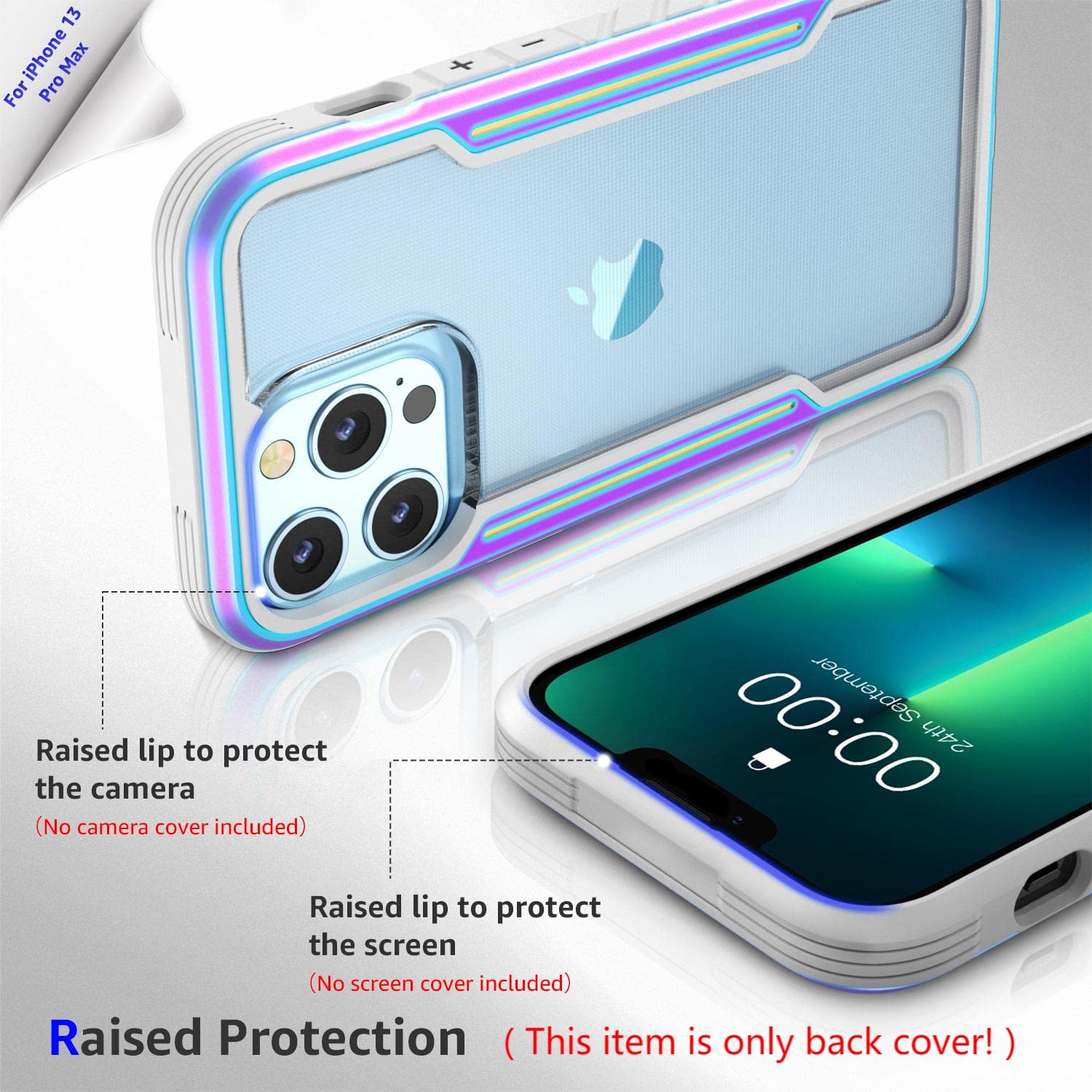 Shockproof Case Compatible with iPhone 13 Pro Max (2021), Soft Silicone Protective Phone Case Clear, Rugged Aluminum Case for Apple iPhone 13 Pro Max Phone 6.7 inch (Iridescent +Gray)
