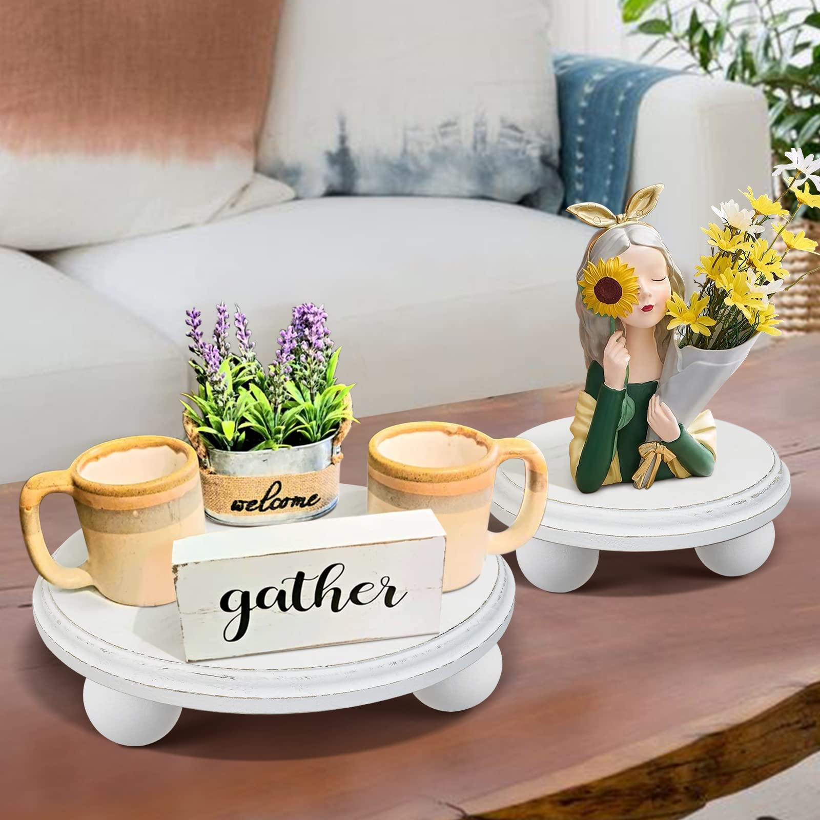 Megsooul Decorative Wood Riser for Display, Farmhouse Pedestal Stand, Stackable Table Decor, Rustic White Display Tray