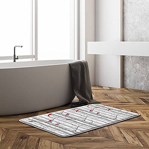 Tree Bird Bath Mat Abstract Birch Tree Forest Red Bird Branches Leafless White Gray Fall Nature Winter Holiday Christmas Bathroom Decor Memory Foam Kitchen Rug,17.8x29.5 Inch