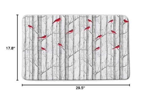 Tree Bird Bath Mat Abstract Birch Tree Forest Red Bird Branches Leafless White Gray Fall Nature Winter Holiday Christmas Bathroom Decor Memory Foam Kitchen Rug,17.8x29.5 Inch