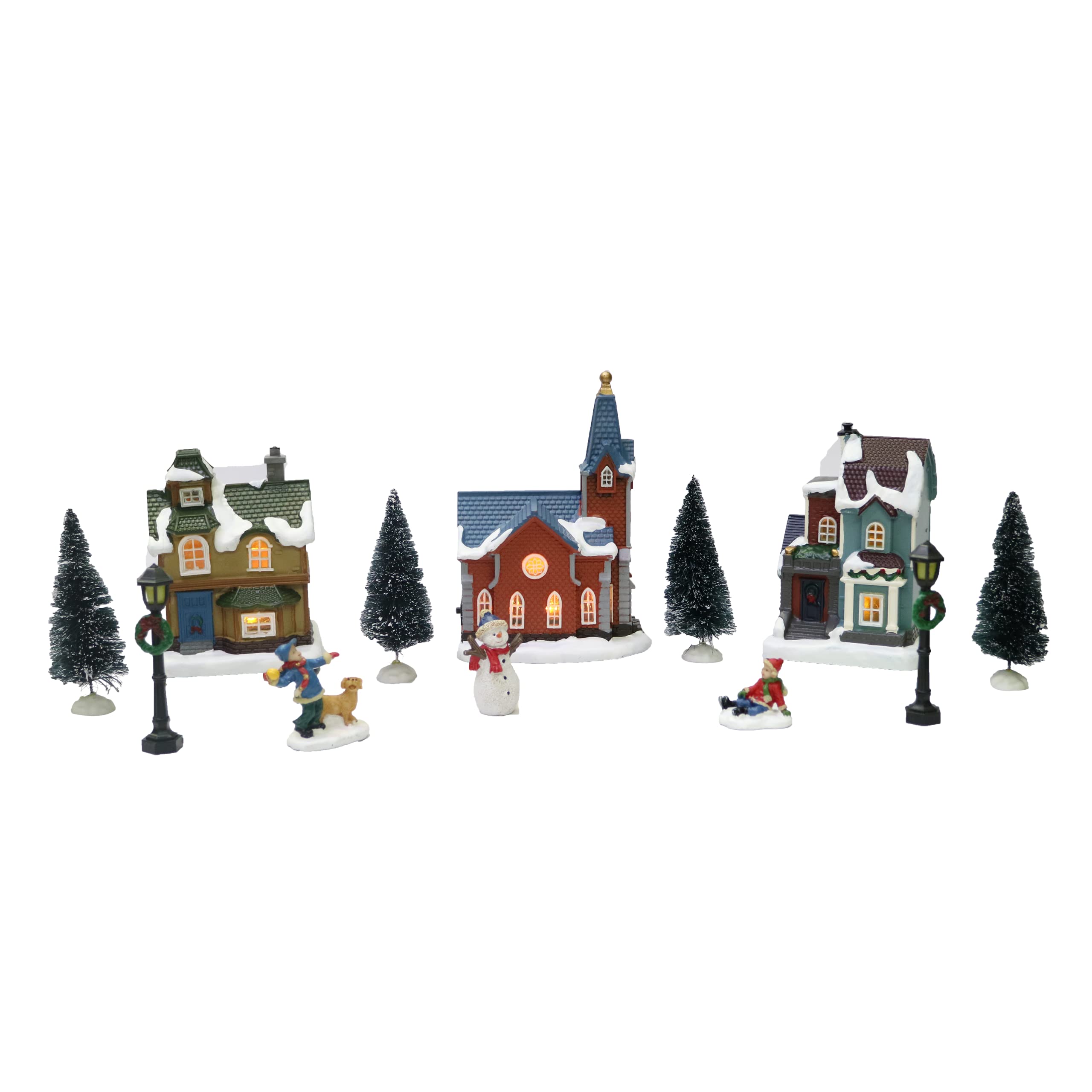 MOMENTS IN TIME Christmas Village 12 pc Set, with LED Lights, Battery Operated (not Included) (5" H to 6.5" H Buildings)
