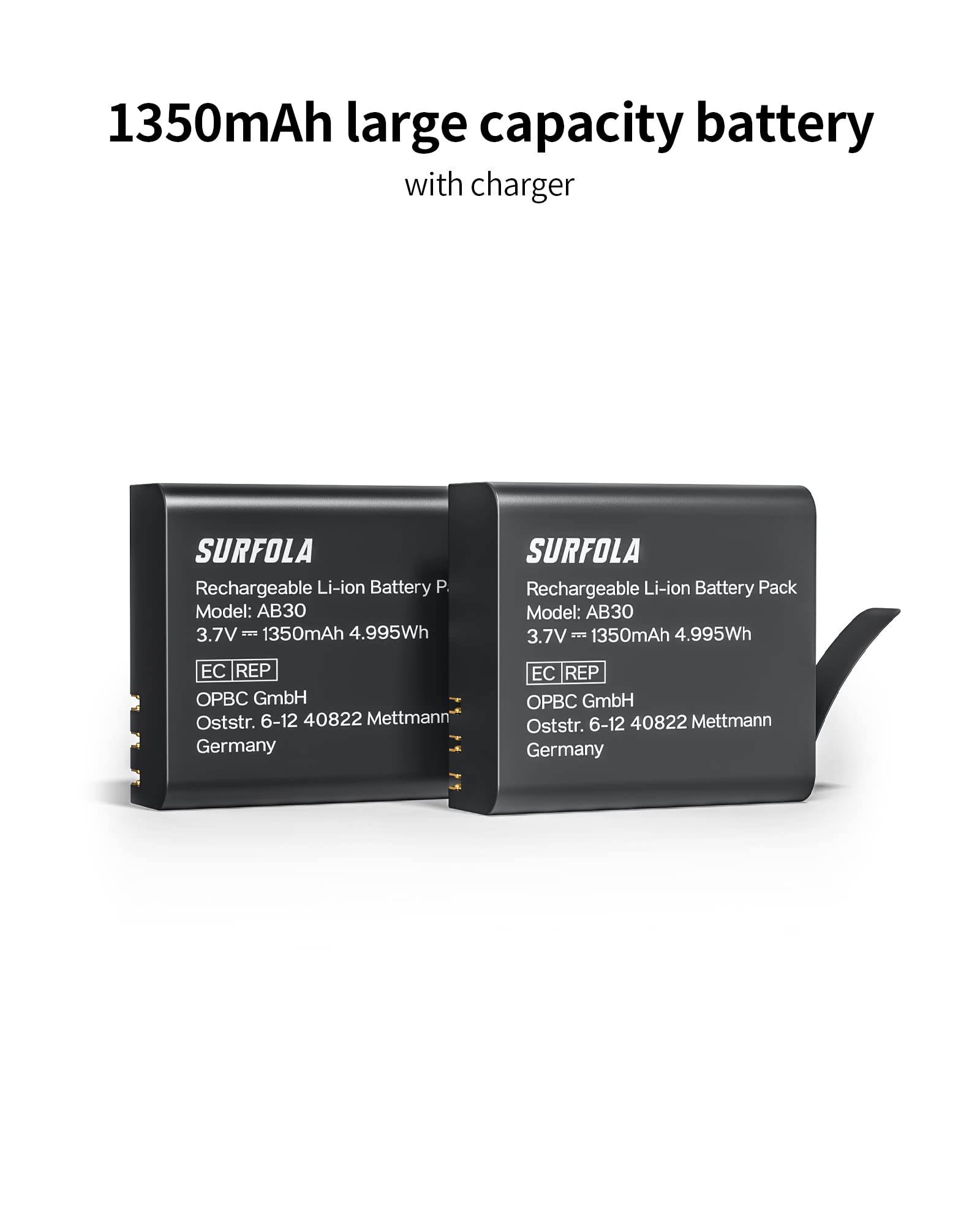 Surfola Action Camera Battery Pack, Rechargeable Batteries with Charger 1350mAh X2, with USB Dual Charger for Sports Camera, Compatible with AKASO EK7000/CAMPARK/CROSSTOUR/APEMAN and More