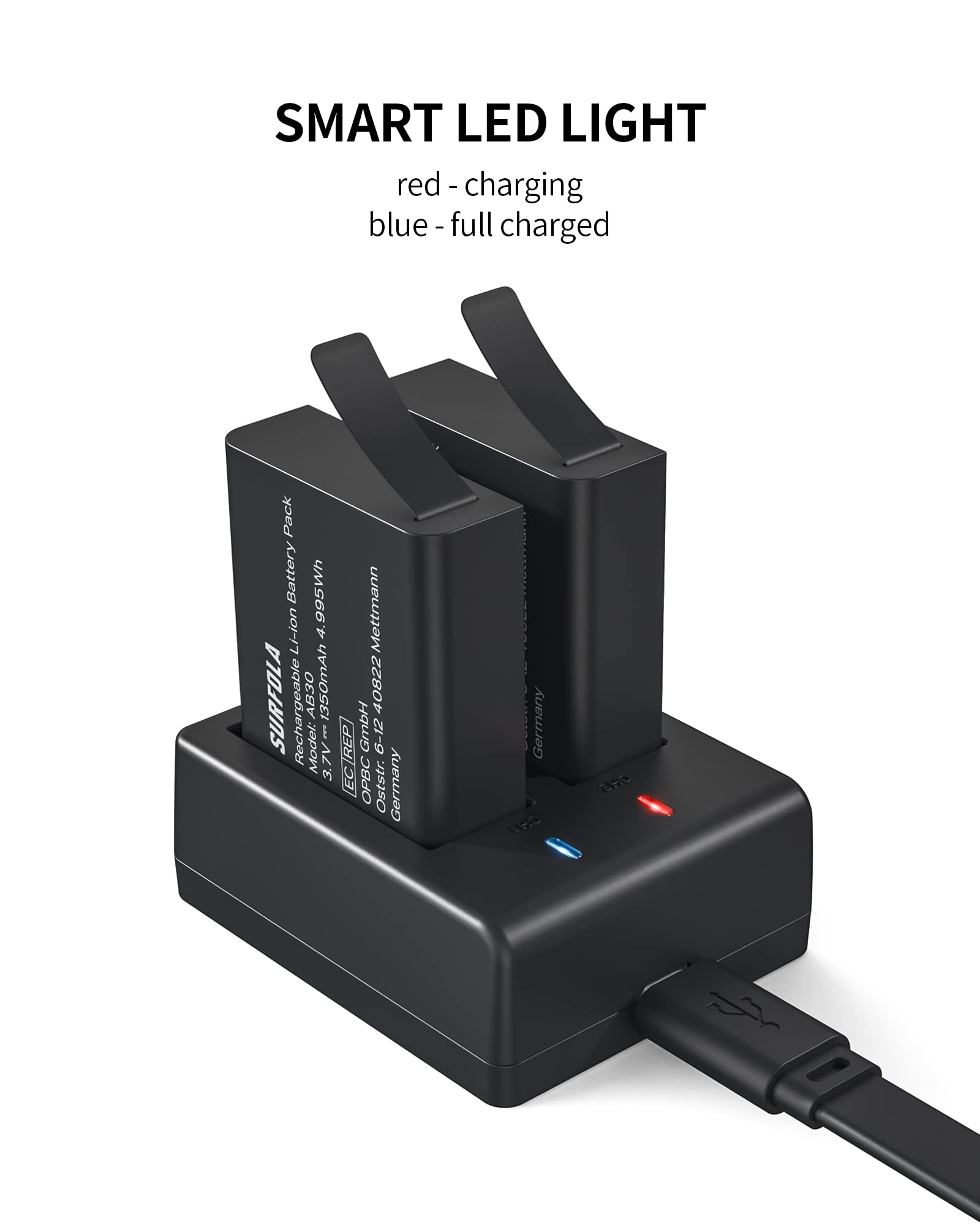 Surfola Action Camera Battery Pack, Rechargeable Batteries with Charger 1350mAh X2, with USB Dual Charger for Sports Camera, Compatible with AKASO EK7000/CAMPARK/CROSSTOUR/APEMAN and More