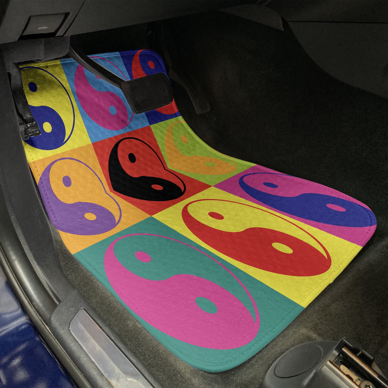 Ambesonne Ying Yang Car Mat Set of 4, Pop Art Design Yin Yang Signs Hippie Style Eastern Peace and Balance Theme, Front & Back Seat Floor Mat Durable PVC Backing Car Accesory, Red Pink Cobalt Blue