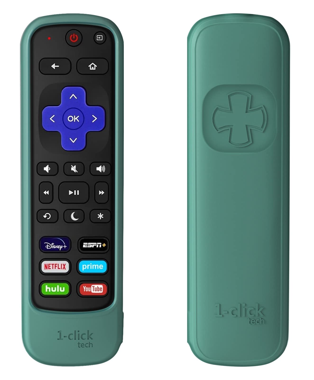 1-ClickTech Remote for Roku TV & Box [2-in-1 w/TV Power+Volume] - Compatible for Roku Express+/+, Ultra, Premiere, Streambar, 4/3/2/1 (Remote + Pine Green Cover)