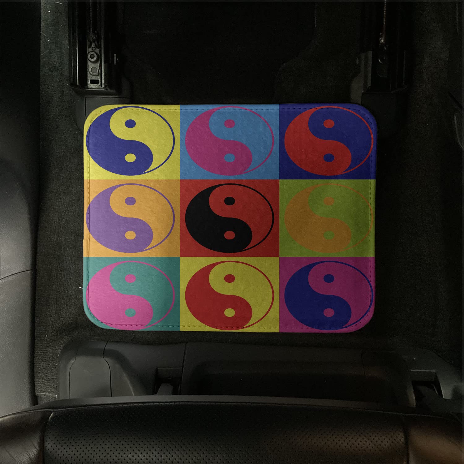 Ambesonne Ying Yang Car Mat Set of 4, Pop Art Design Yin Yang Signs Hippie Style Eastern Peace and Balance Theme, Front & Back Seat Floor Mat Durable PVC Backing Car Accesory, Red Pink Cobalt Blue