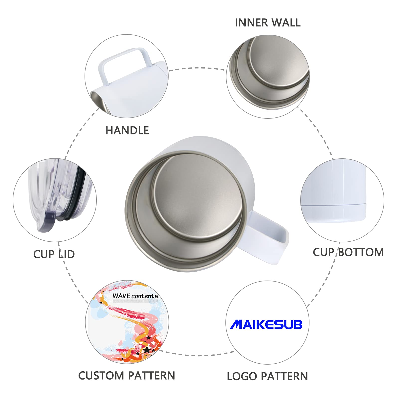 MAIKESUB 4 Pcs Sublimation Blank Skinny Tumbler 16 OZ White Handle and Straw Double Wall Stainless Steel Coffee Straight Mug with Sliding Lid (12 oz 340ML With base)
