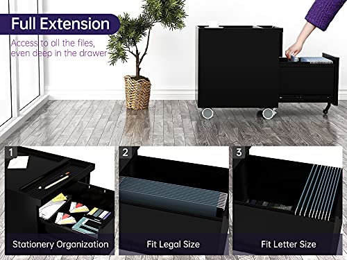 CuHome 2-Drawer Mobile Filing Cabinet with Lock and Casters, Fully Assembled, Vertical File Metal Cabinet for Home Office, Small Under Desk, Black
