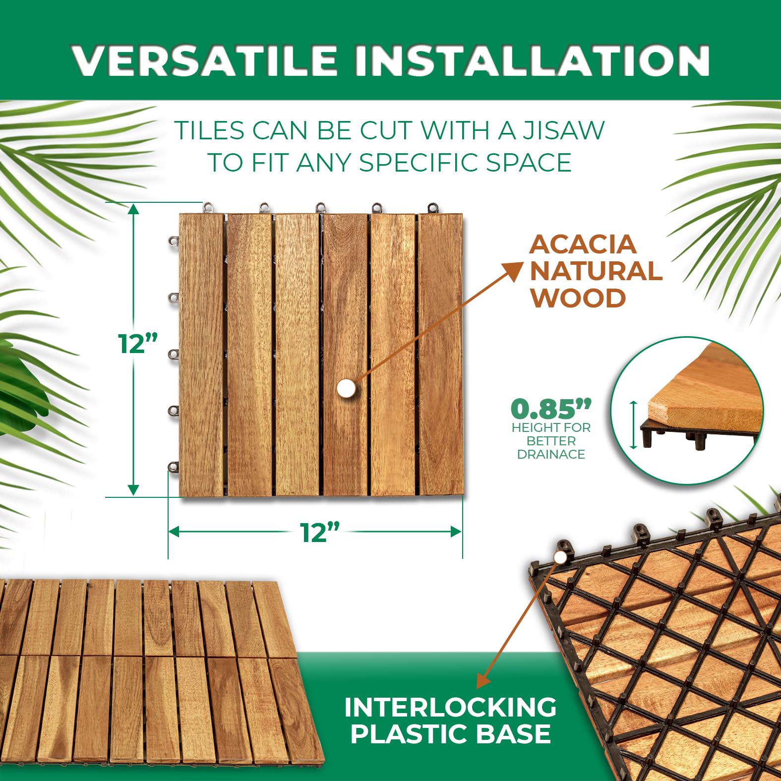 Interlocking Patio Deck Tile (Pack of 10, 12"x12") Acacia Hardwood Deck Tile in Solid Acacia Wooden Oiled Finish Waterproof All Weather Perfect for Indoor Outdoor(Golden Teak Color)…