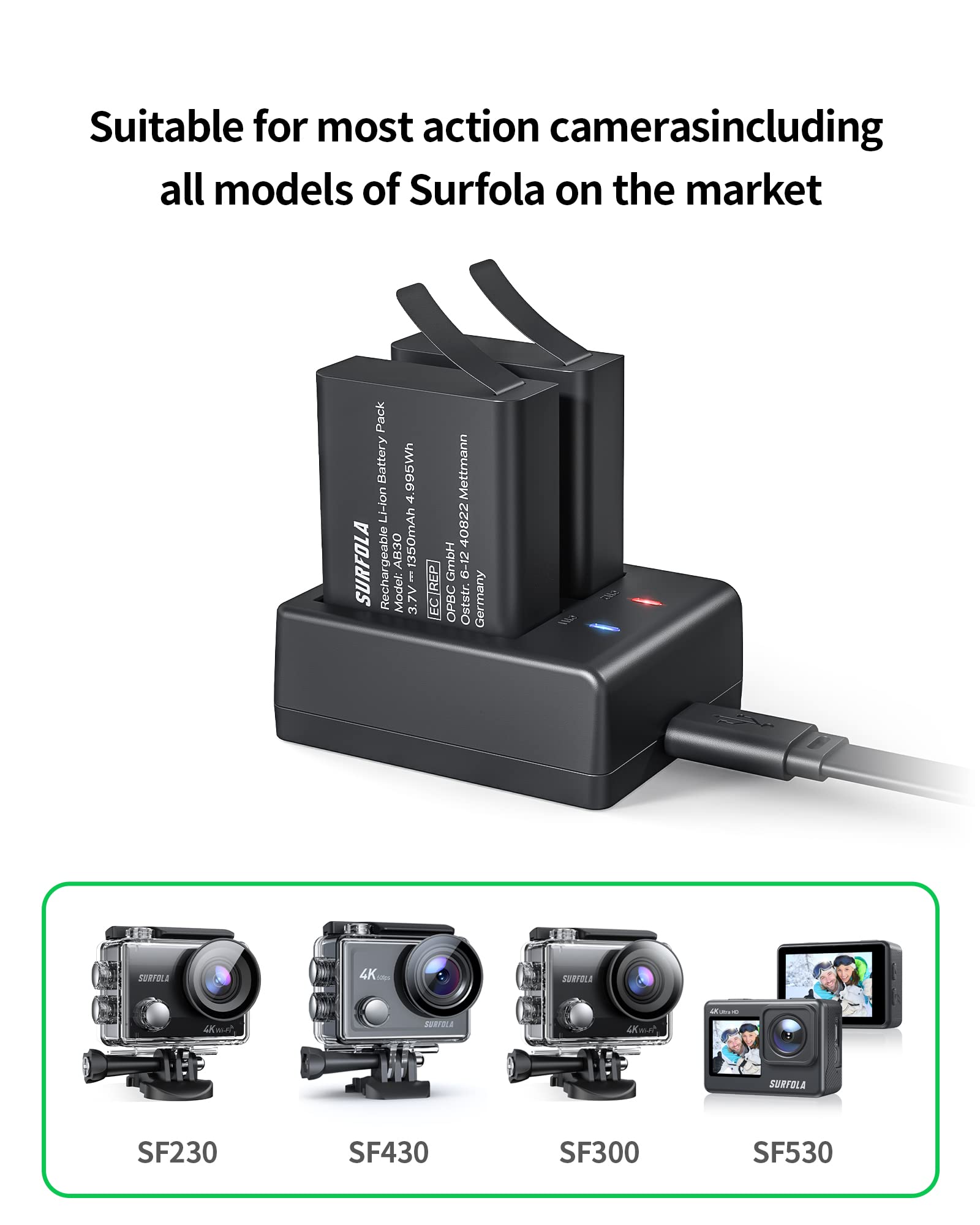 Surfola Action Camera Battery Pack, Rechargeable Batteries with Charger 1350mAh X2, with USB Dual Charger for Sports Camera, Compatible with AKASO EK7000/CAMPARK/CROSSTOUR/APEMAN and More