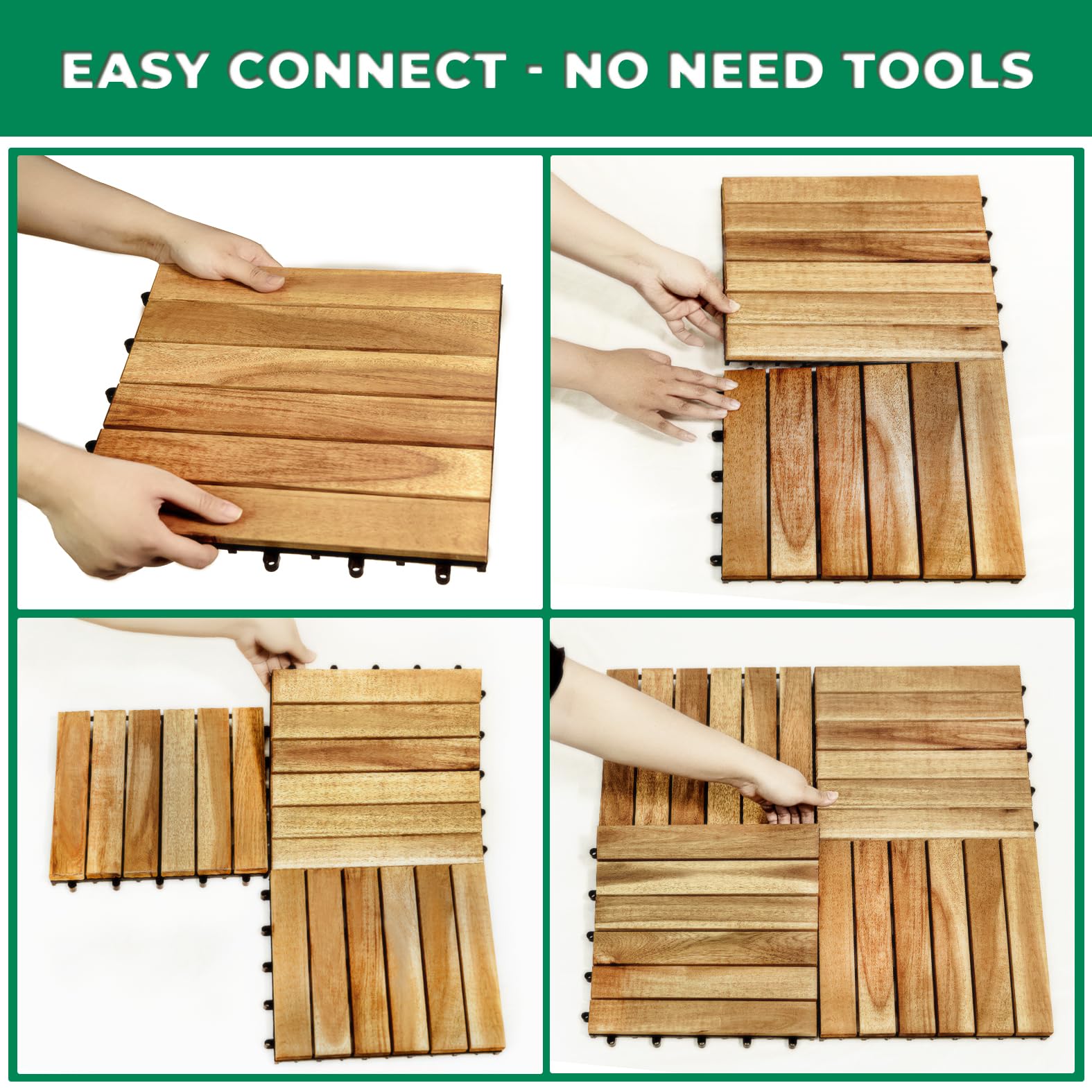 Interlocking Patio Deck Tile (Pack of 10, 12"x12") Acacia Hardwood Deck Tile in Solid Acacia Wooden Oiled Finish Waterproof All Weather Perfect for Indoor Outdoor(Golden Teak Color)…