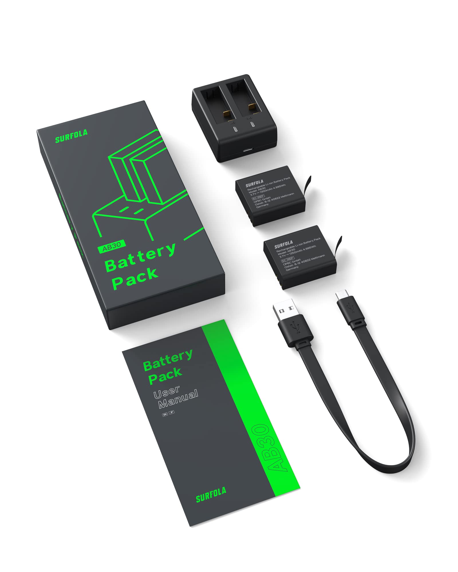 Surfola Action Camera Battery Pack, Rechargeable Batteries with Charger 1350mAh X2, with USB Dual Charger for Sports Camera, Compatible with AKASO EK7000/CAMPARK/CROSSTOUR/APEMAN and More