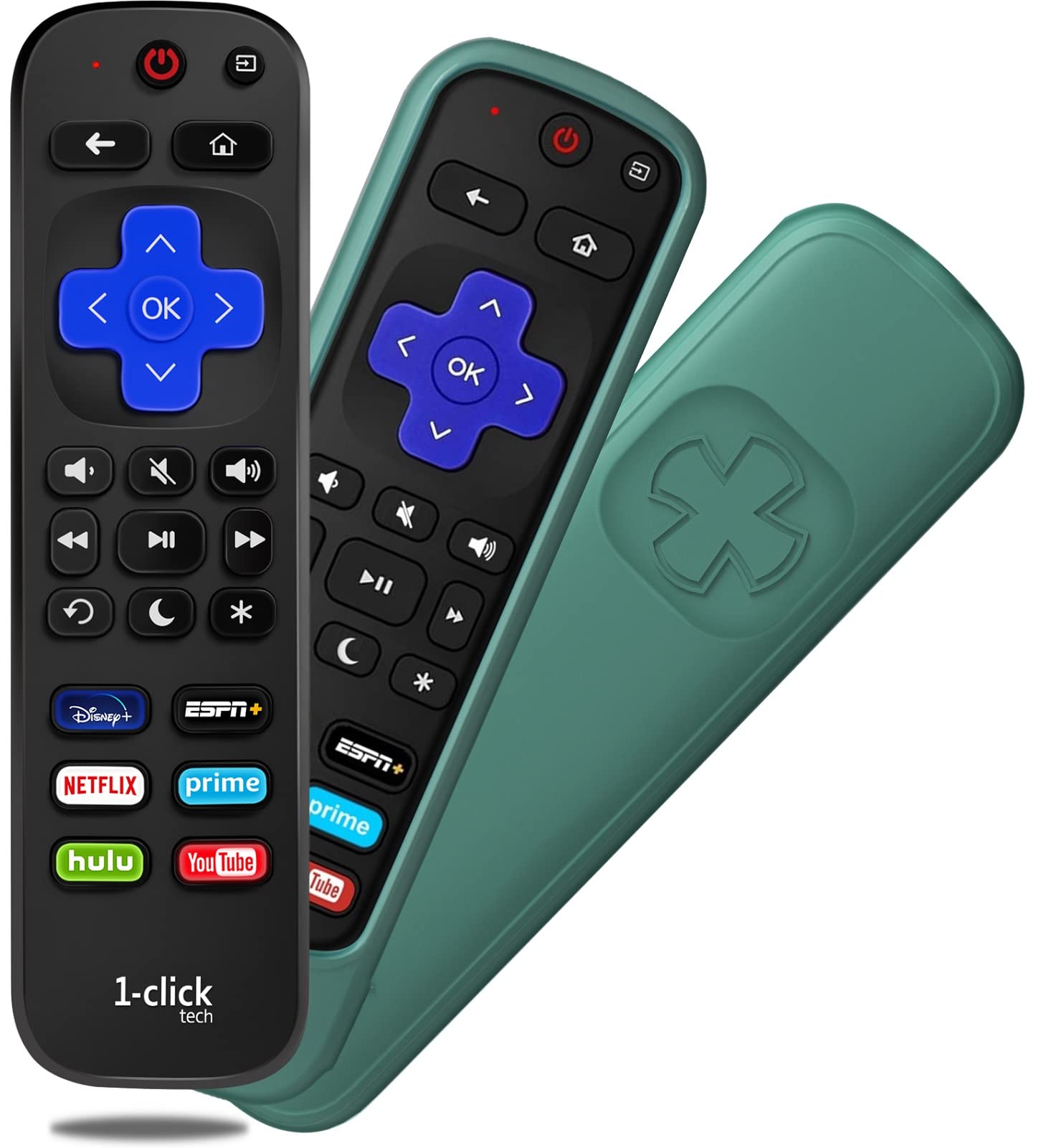 1-ClickTech Remote for Roku TV & Box [2-in-1 w/TV Power+Volume] - Compatible for Roku Express+/+, Ultra, Premiere, Streambar, 4/3/2/1 (Remote + Pine Green Cover)
