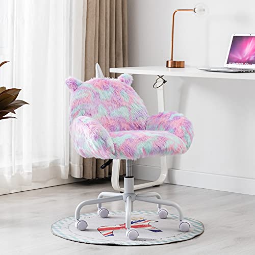 Guyou Children Study Desk Chair Height Adjustable Swivel Chair with Armrests Computer Chair for Kids, Rainbow Faux Fur Soft Fluffy Shaggy Dog