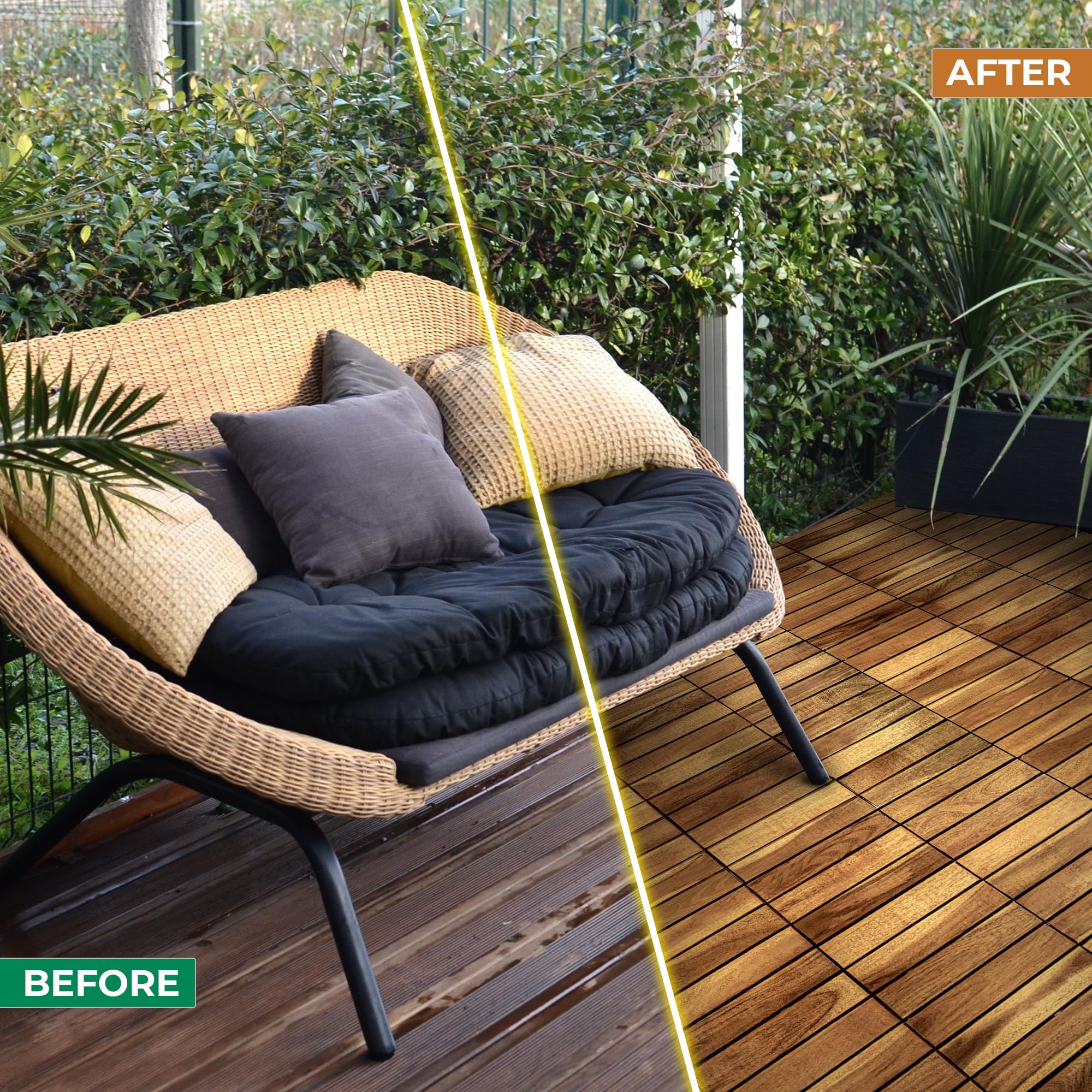Interlocking Patio Deck Tile (Pack of 10, 12"x12") Acacia Hardwood Deck Tile in Solid Acacia Wooden Oiled Finish Waterproof All Weather Perfect for Indoor Outdoor(Golden Teak Color)…