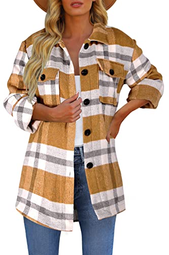 Kalssior Womens Flannel Jacket Plaid Shacket Button Down Oversized Coat Long Sleeve Wool Blend Outwear(Dark Camel,XL)