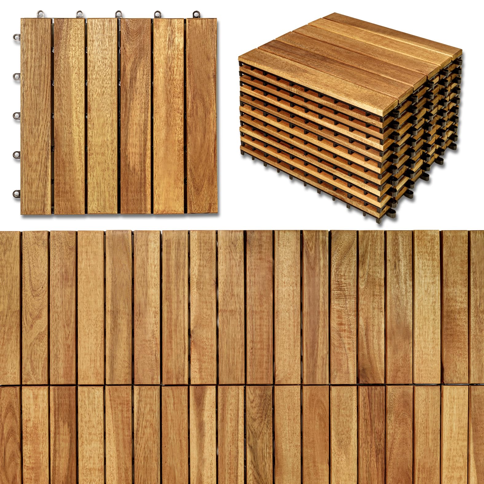 Interlocking Patio Deck Tile (Pack of 10, 12"x12") Acacia Hardwood Deck Tile in Solid Acacia Wooden Oiled Finish Waterproof All Weather Perfect for Indoor Outdoor(Golden Teak Color)…