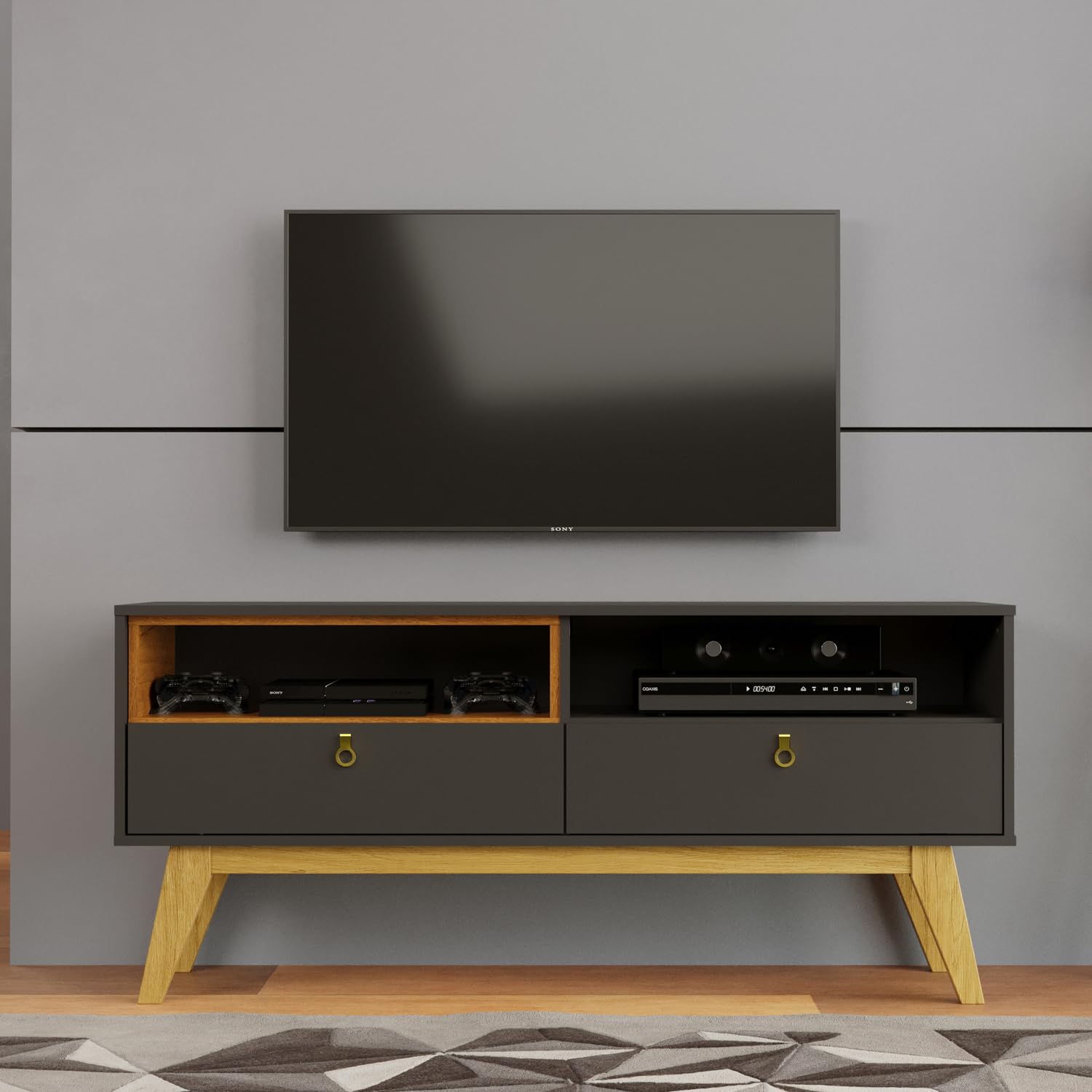 Boahaus Milwaukee Black Matte TV Stand - Mid-Century Modern Entertainment Center for TVs up to 55" - Durable Manufactured Wood - Ample Storage Cabinets