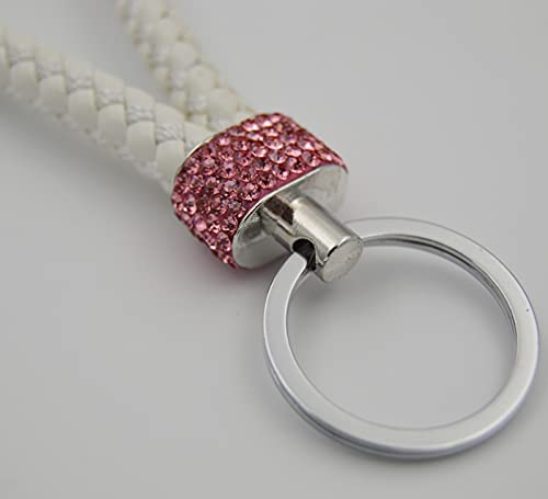 Classic Braided Leather Keychain with Synthetic Bling Crystal Diamond Circle O Ring for Women and Girls