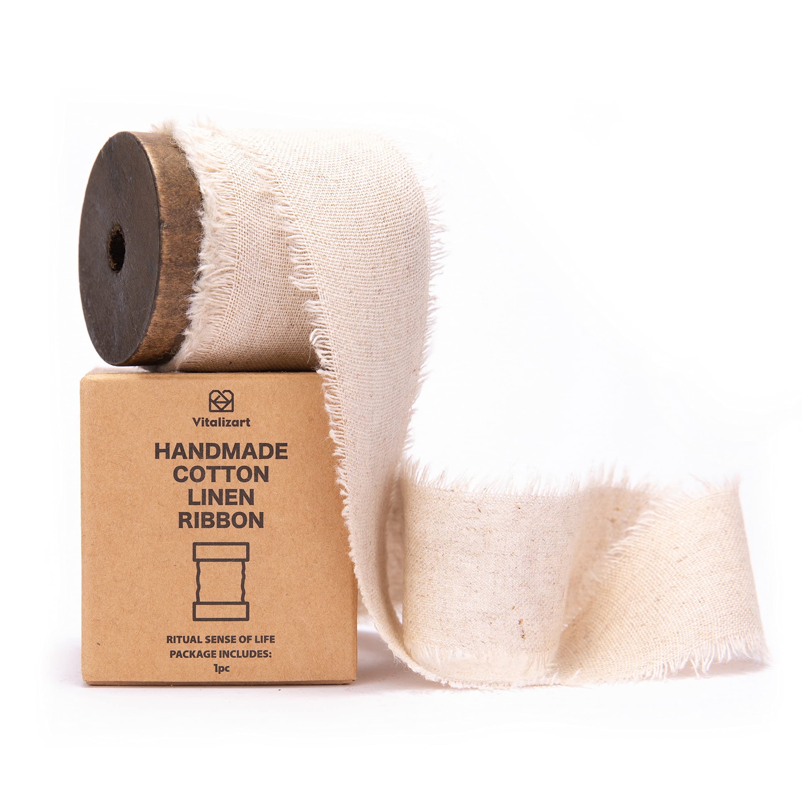 Vitalizart Cotton Ribbon Beige Nude 1-1/2 Inch Linen Ribbon Rustic Frayed Fringes for Gift Wrapping Wedding Invitations Bridal Bouquets Crafts 5 Yard