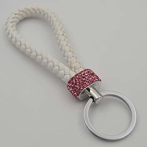 Classic Braided Leather Keychain with Synthetic Bling Crystal Diamond Circle O Ring for Women and Girls