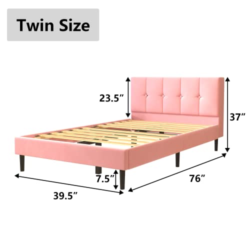 Lijimei Fabric Upholstered Twin Platform Bed Frame,Modern Upholstered Platform Bed with Headboard, Heavy Duty Bed Frame with Wood Slat Support, No Box Spring Required, Easy Assembly,Pink