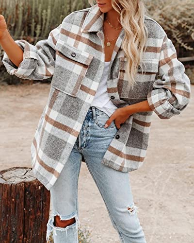 Beaully Women's Flannel Plaid Shacket Long Sleeve Button Down Shirts Jacket Coats with Side Pockets 6017 Khaki XXL