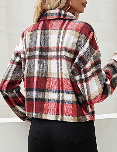 UANEO Womens Cropped Plaid Shacket Brushed Button Down Casual Flannel Shirt Jacket (Red, Large)