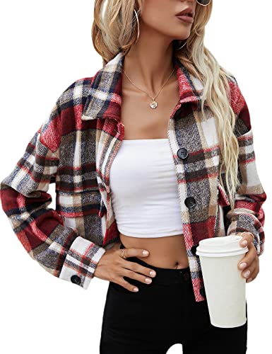 UANEO Womens Cropped Plaid Shacket Brushed Button Down Casual Flannel Shirt Jacket (Red, Large)